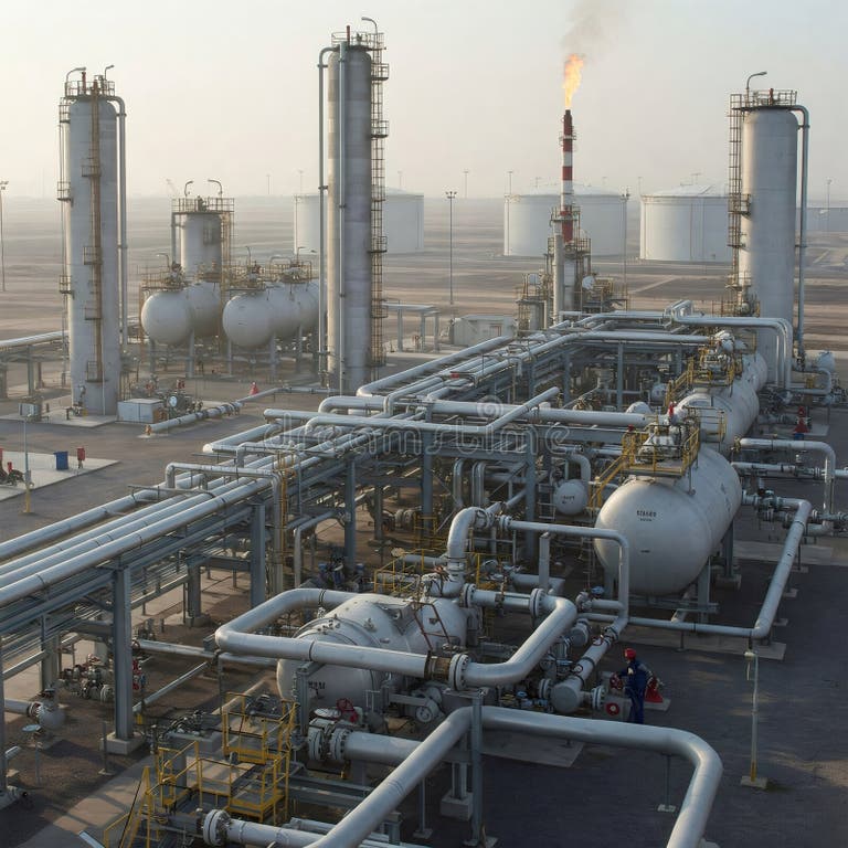 Gas Processing Plant with Smoking Flare Stack and Storage Tanks Stock Illustration ...