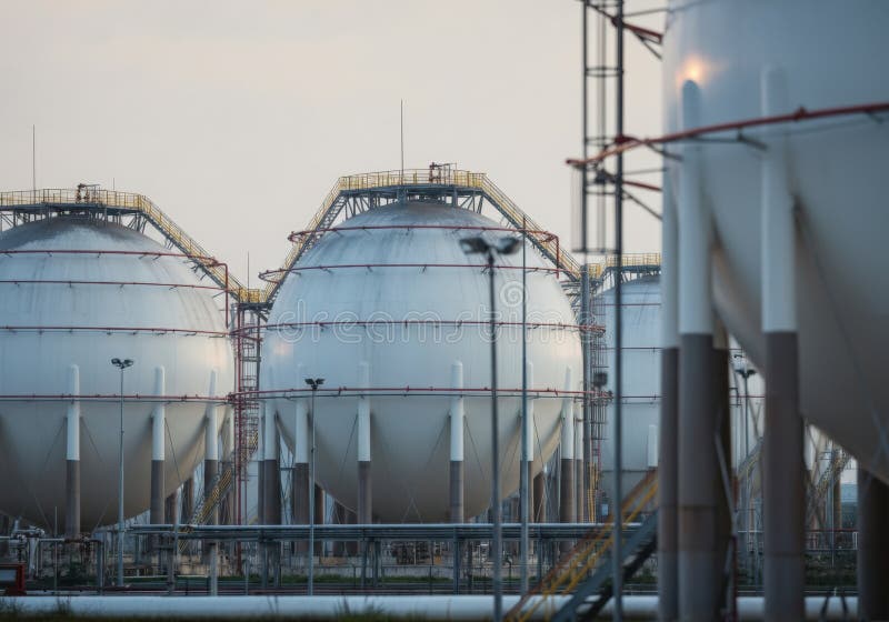 Industrial Gas Storage Tanks Refinery Setting Sunset Stock Photos ...