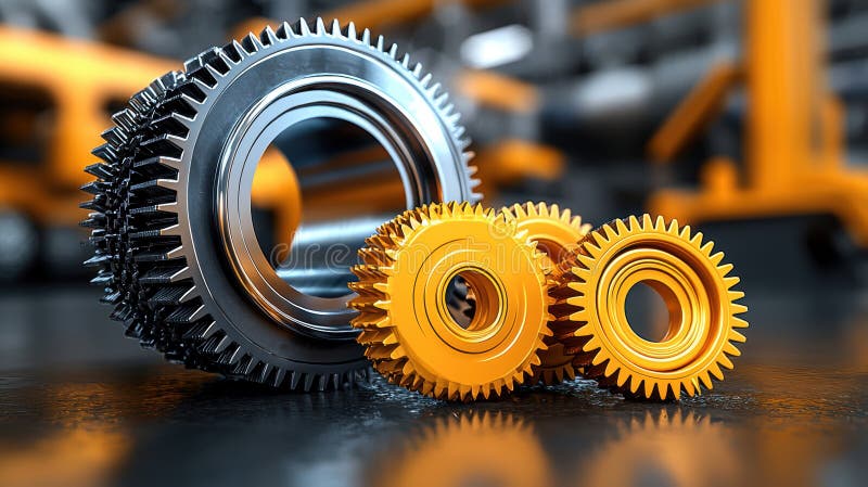 Industrial Gears and Cogs in a Workshop Setting with Bright Orange and ...