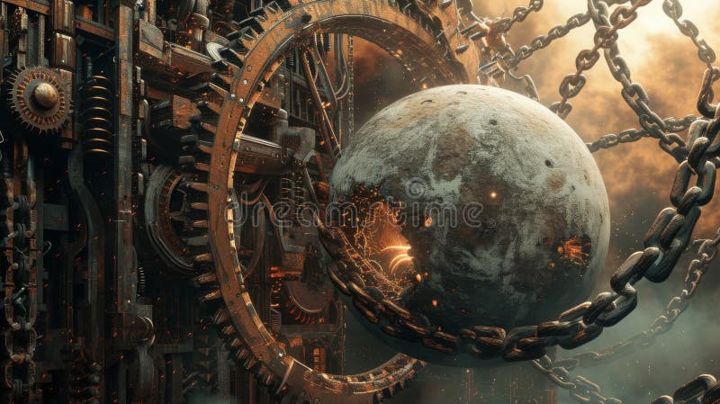 Industrial Gears Surrounding Chained Moon in Dark Mechanical Setting ...
