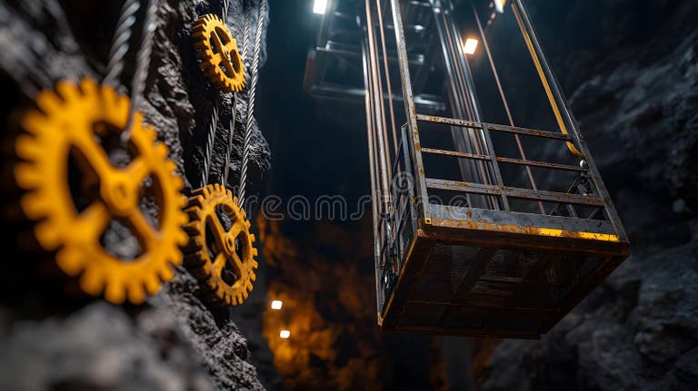 Industrial Giant Elevator Interior in Deep Mine with Gears and Dim Lighting Stock Illustration ...