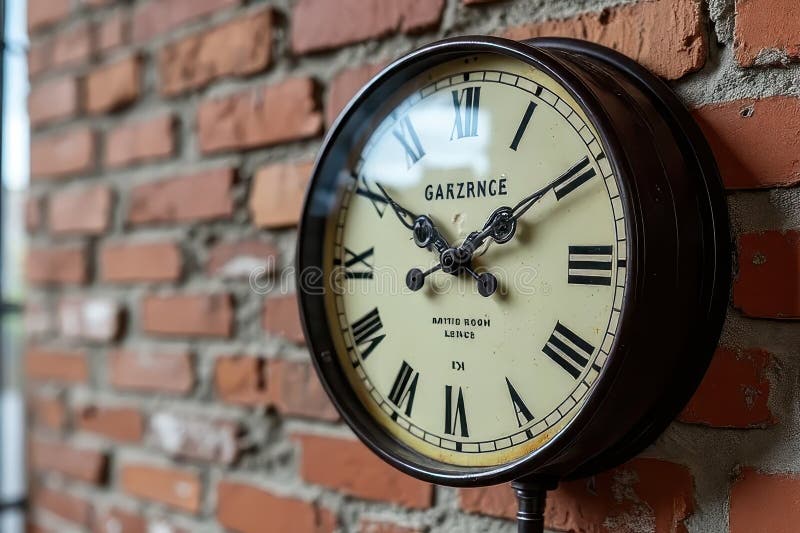 Industrial Glass Wall Clock with Exposed Brick Backdrop Stock ...