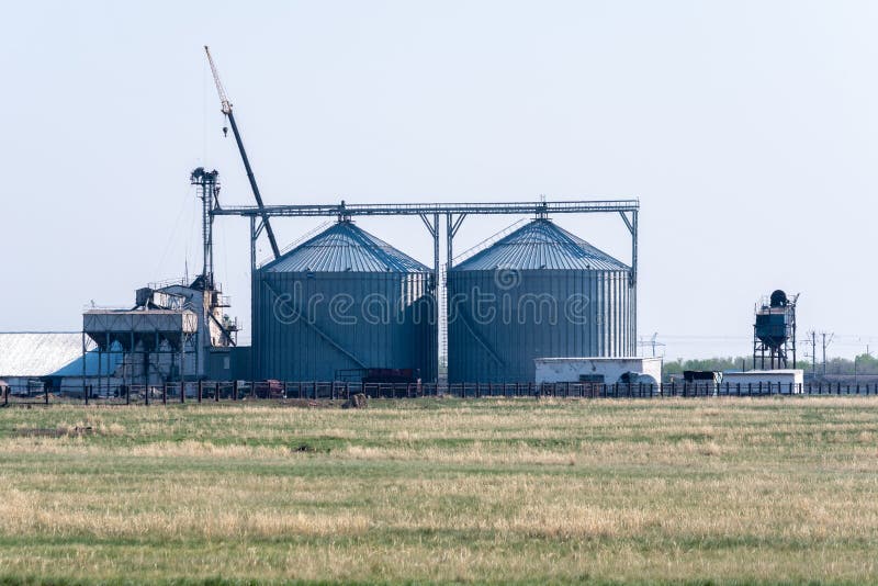 Industrial Grain Silos with Metal Roofs and Supporting Structures on a ...