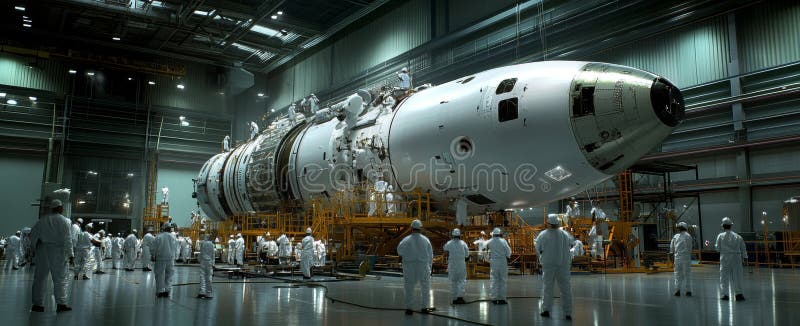 In an Industrial Hangar, Engineers Assemble a Rocket Using Advanced ...