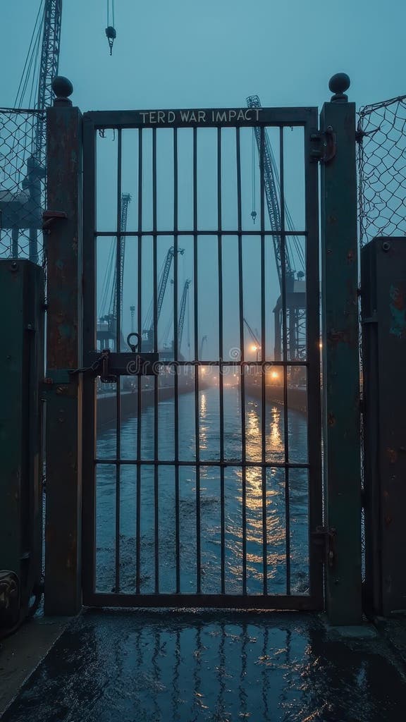 Industrial Harbor Gate at Dusk with Cranes and Reflective Water Stock ...