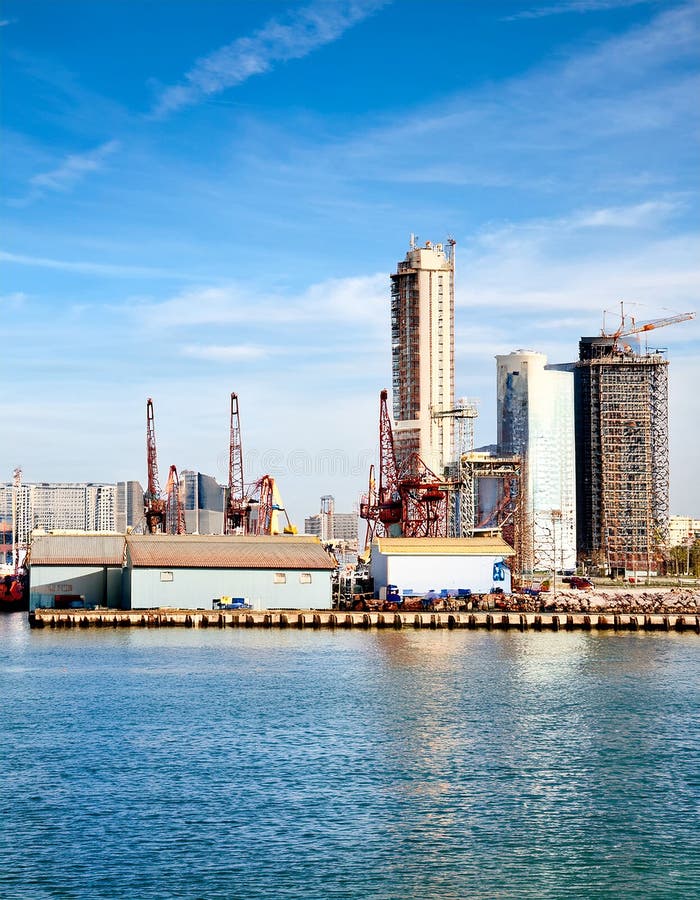 Skyline from the harbor stock illustration. Illustration of watercraft ...