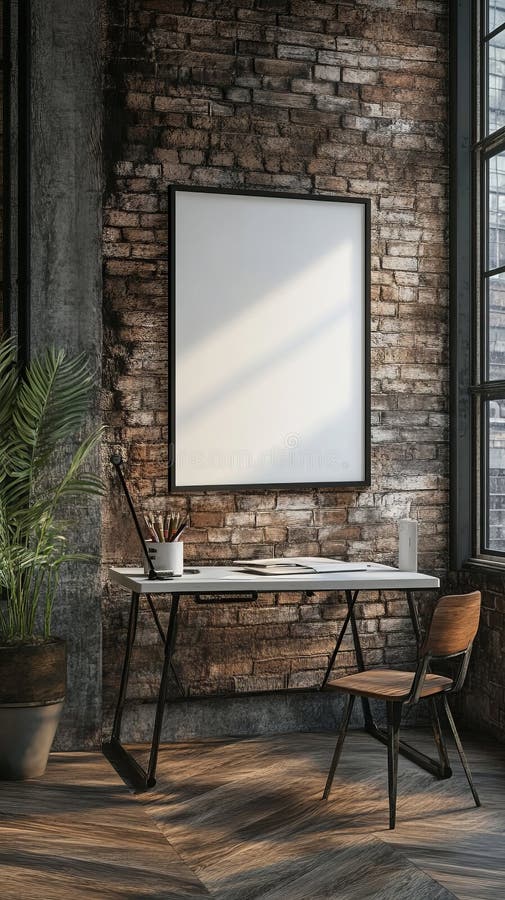 Industrial Home Office Interior Design with White Frame Hanging on a ...