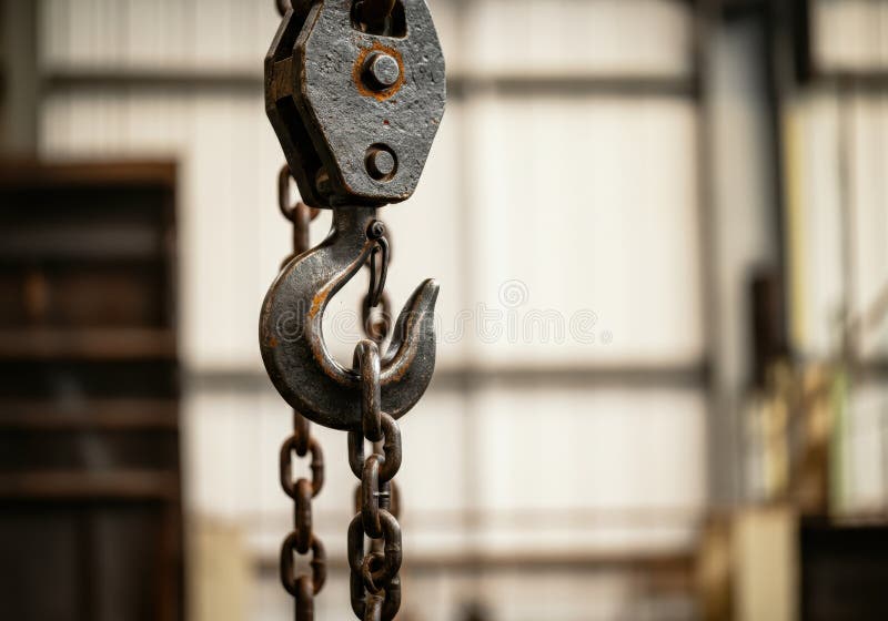 Industrial Hook and Chain Used for Lifting Heavy Objects in a Warehouse ...