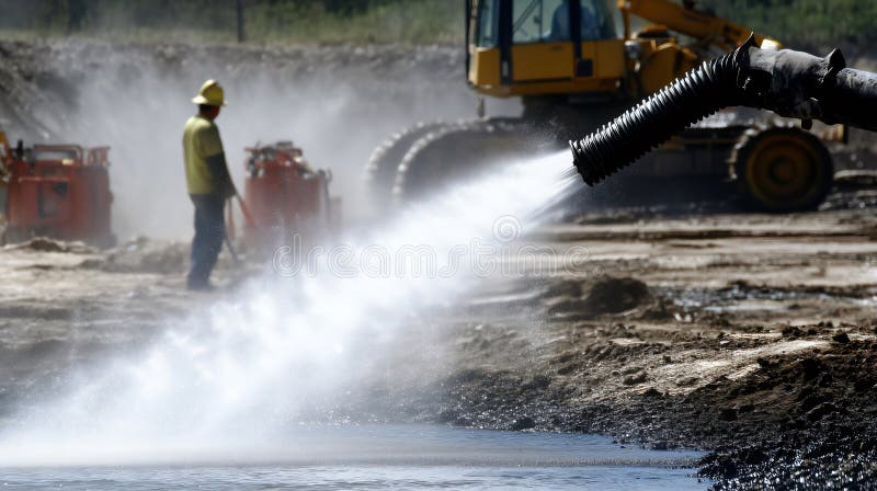 Industrial Hose Spraying Water on Construction Site Reducing Dust Stock ...