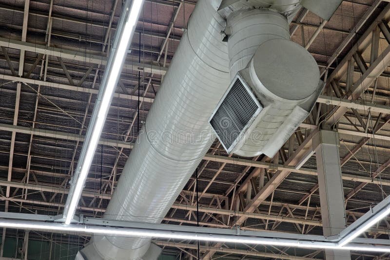 Industrial HVAC Ductwork and Lighting System in Building Ceiling. Stock ...