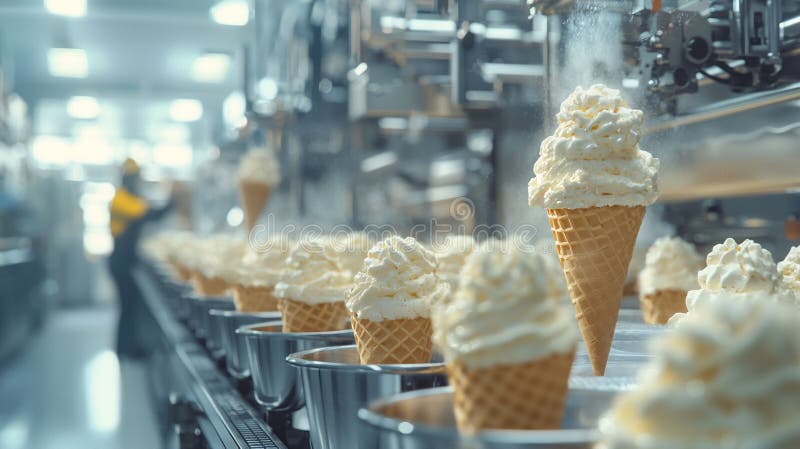 Industrial Ice Cream Production Process Featuring Multiple Cones Being Filled with Cream at a ...