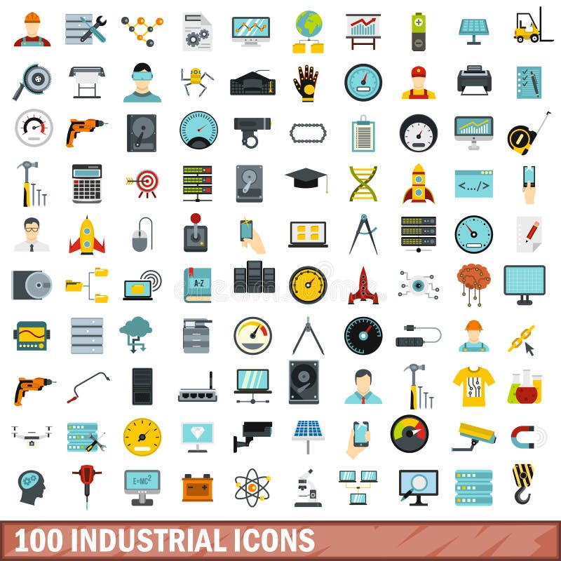 100 Industrial Icons Set, Flat Style Stock Vector - Illustration of ...