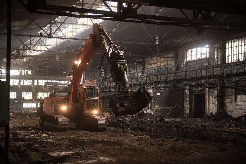 Industrial Interior With Bulldozer Inside Stock Image - Image of window ...