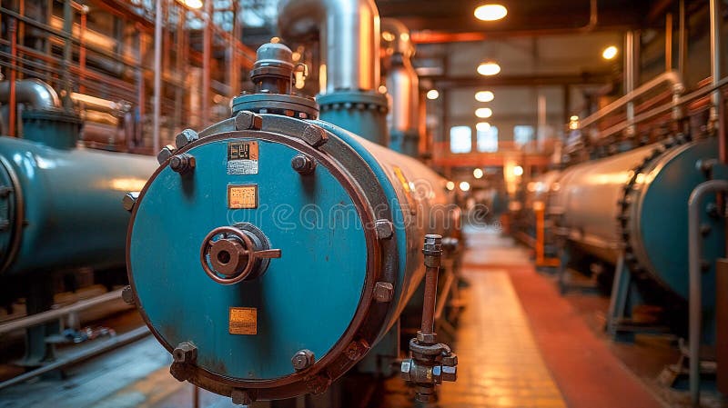 An Industrial Interior with an Emphasis on a Large, Cylindrical Blue ...