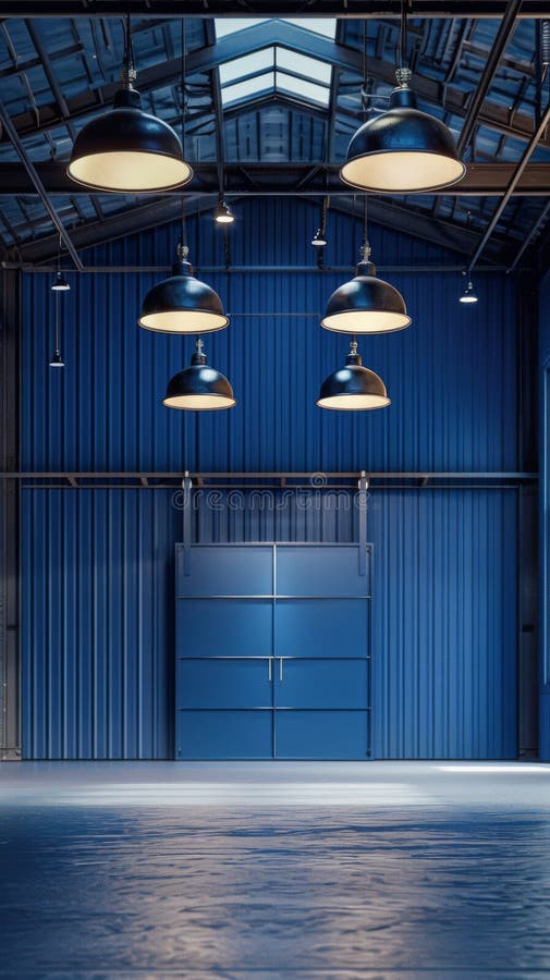Industrial Interior with Hanging Lights and Blue Metallic Panels Stock ...