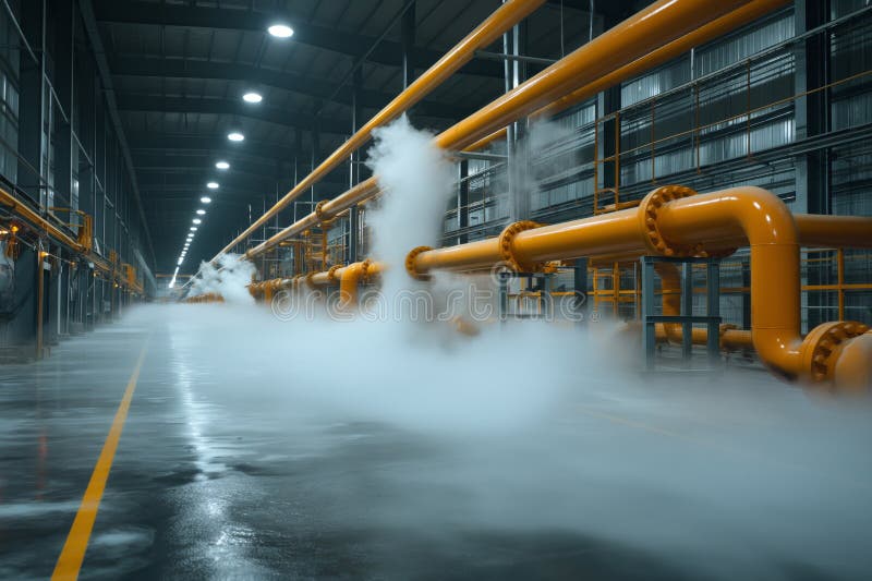 Industrial Interior with Steam and Yellow Pipelines. Stock Photo ...