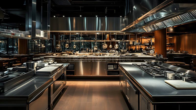 Industrial Kitchen Featuring Stainless Steel Counters, Ovens, and ...