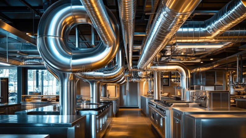 Industrial Kitchen Interior with Complex Metal Piping Stock ...