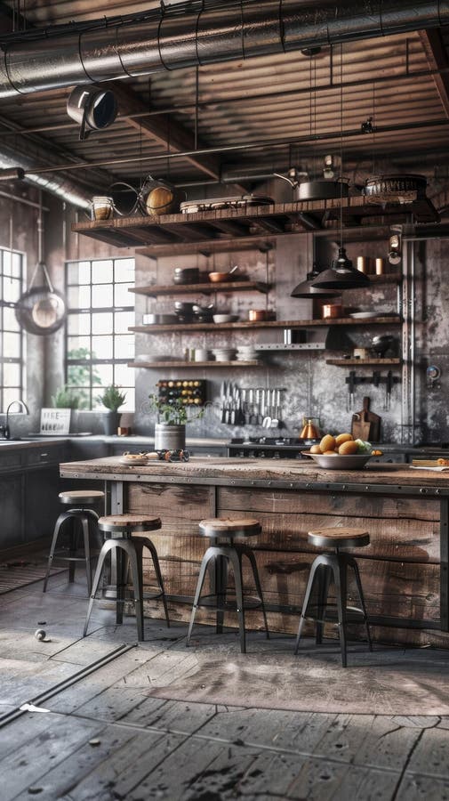 Industrial Kitchen Interior with Rustic Elements and Bar Stools, Cozy ...
