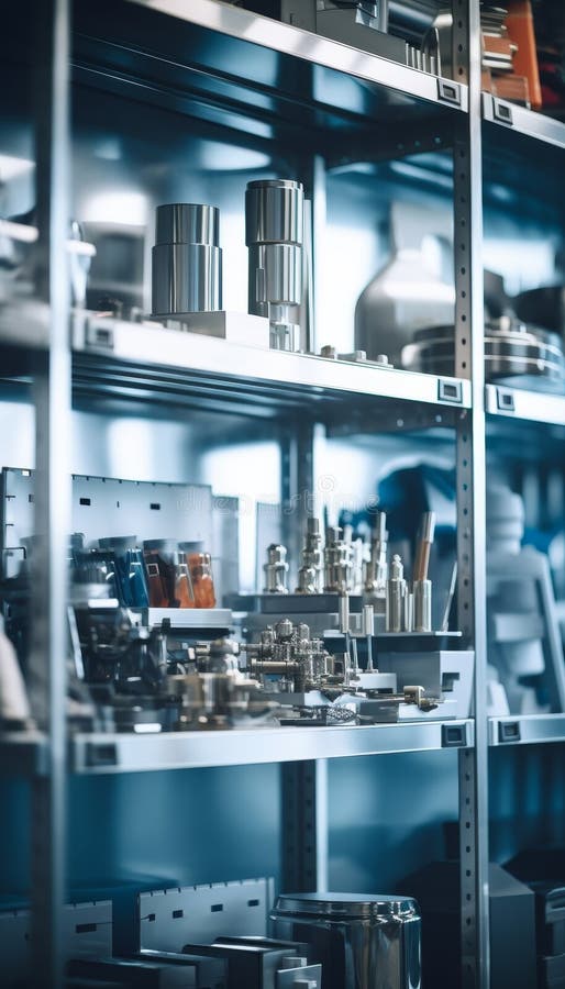 Industrial Laboratory Shelves Displaying Various Parts and Components ...