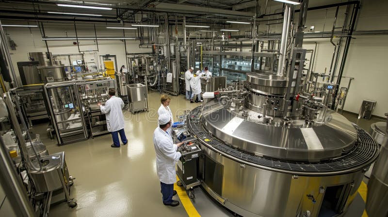 Industrial Laboratory with Workers Operating Machinery in a Clean ...