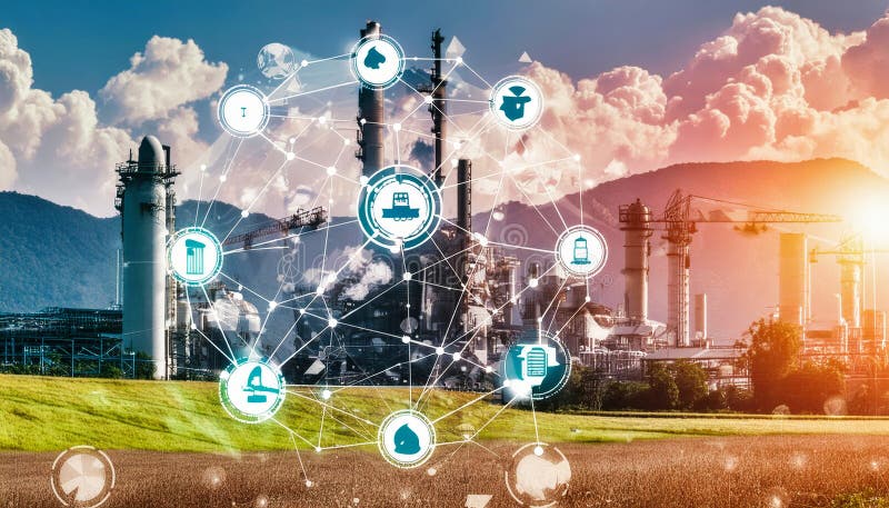 Industrial Landscape with Futuristic Technology Overlay. Connectivity ...