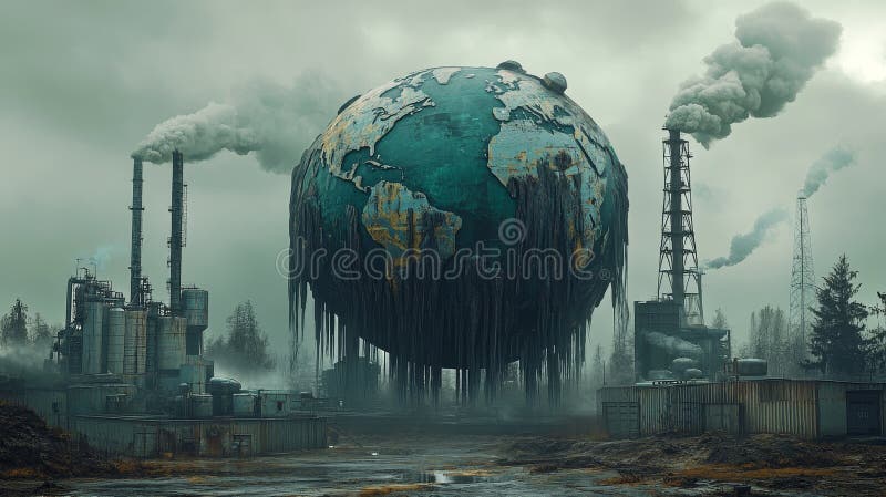 Industrial Landscape with Giant Planet Earth in Polluted Environment ...