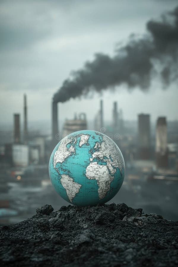 Industrial Landscape with Globe Symbolizing Environmental Issues and ...