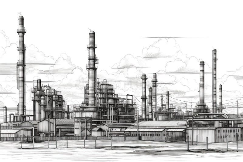 Industrial Landscape in Line Drawing Engraving Style, Concept of ...