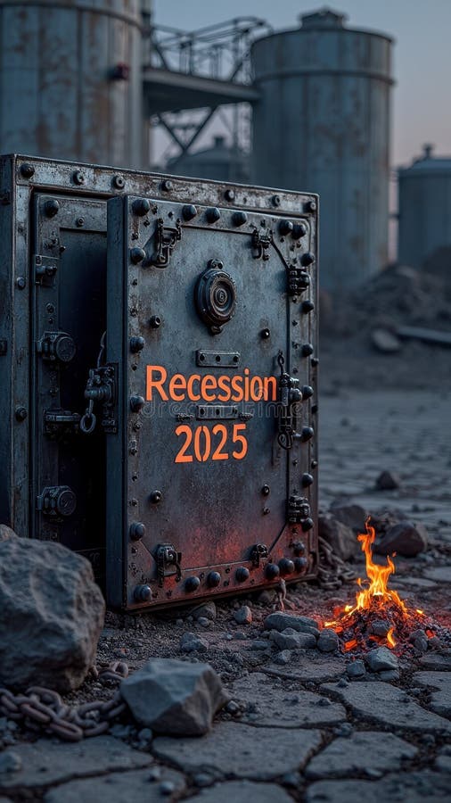 Industrial Landscape with Metal Vault and Recession 2025 Sign in ...