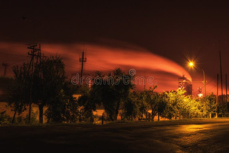 Industrial Landscape at Night Time Stock Image - Image of view, trees ...