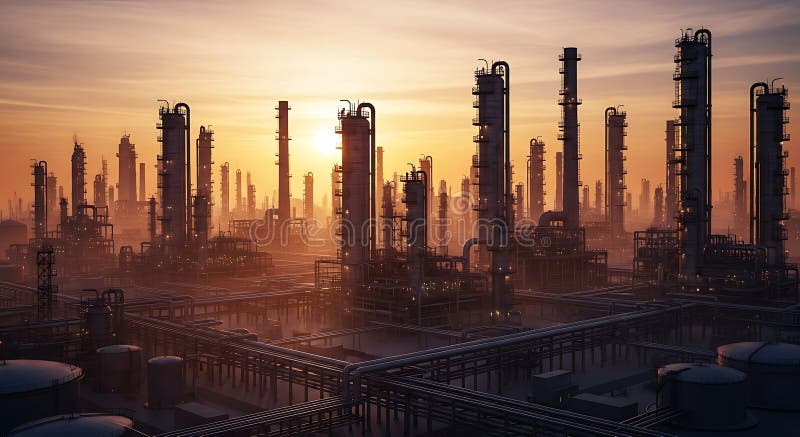 Industrial Landscape with Numerous Tall Distillation Columns and ...