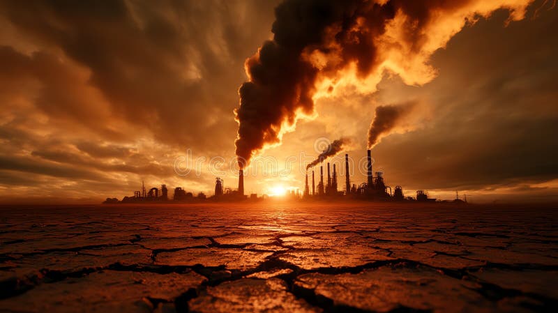 Industrial Landscape with Smokestacks at Sunset, Emitting Pollution ...