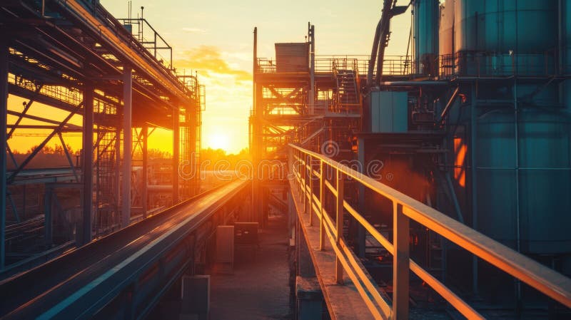 Industrial Landscape at Sunset with Factory Structures and Metal ...
