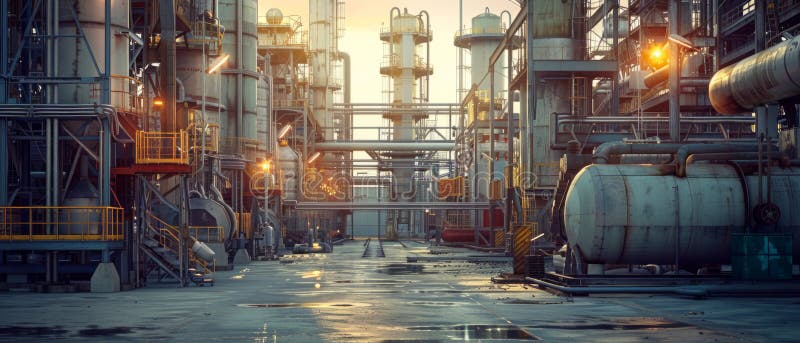 Industrial Landscape at Sunset, Showcasing a Complex System of Metallic ...