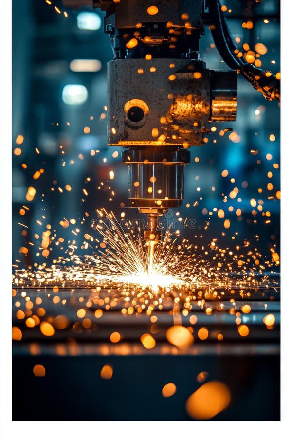 Industrial Laser Cutting Machine in Action, Creating Sparks and Precise Cuts in Metal Stock ...