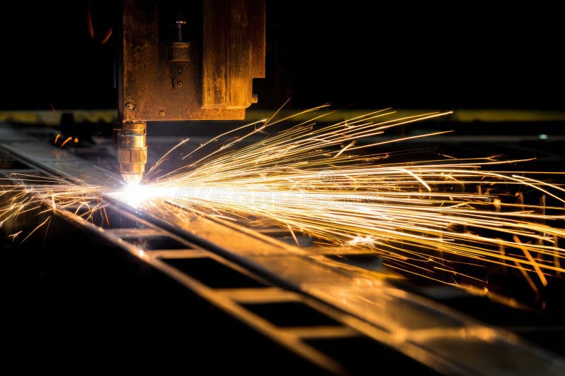 Industrial Laser Cutting Metal with Bright Sparks in Dark Workshop ...