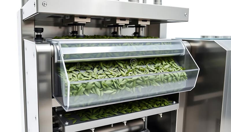 Industrial Leaf Processing: Stainless Steel Machine with Green Leaves ...