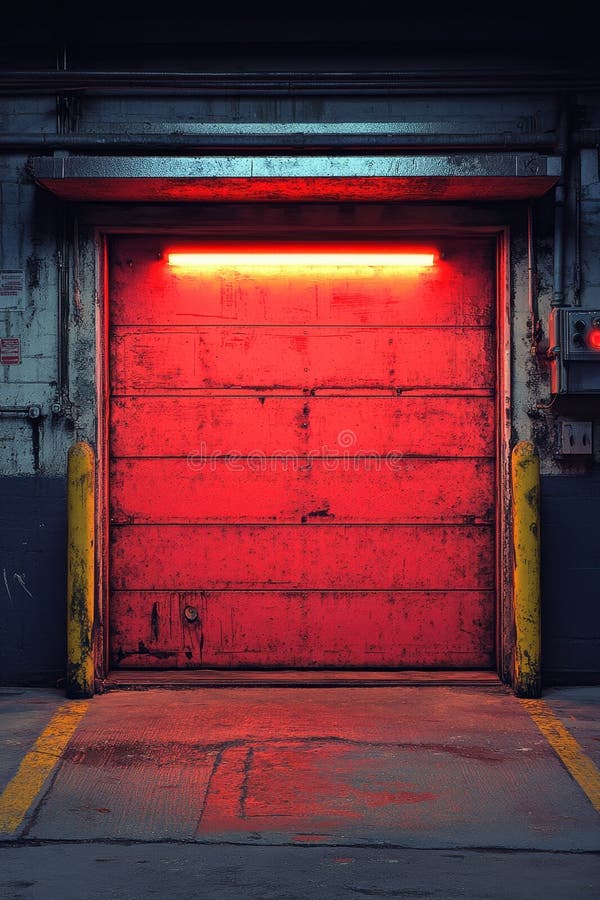 Industrial Loading Dock with Bright Red Door Illuminated by Neon Lights at Night Showcasing ...