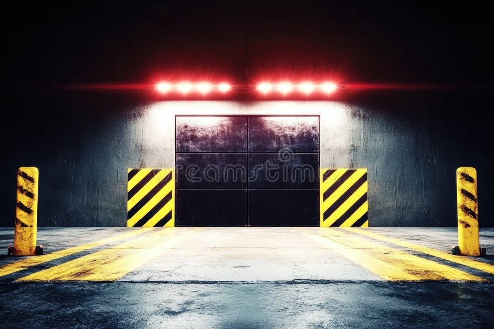 Industrial Loading Dock with Closed Metal Door and Caution Stripes in ...