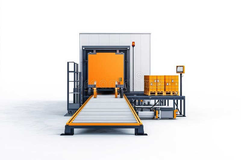 Industrial Loading Dock with Conveyor Belt and Cargo Boxes on White ...