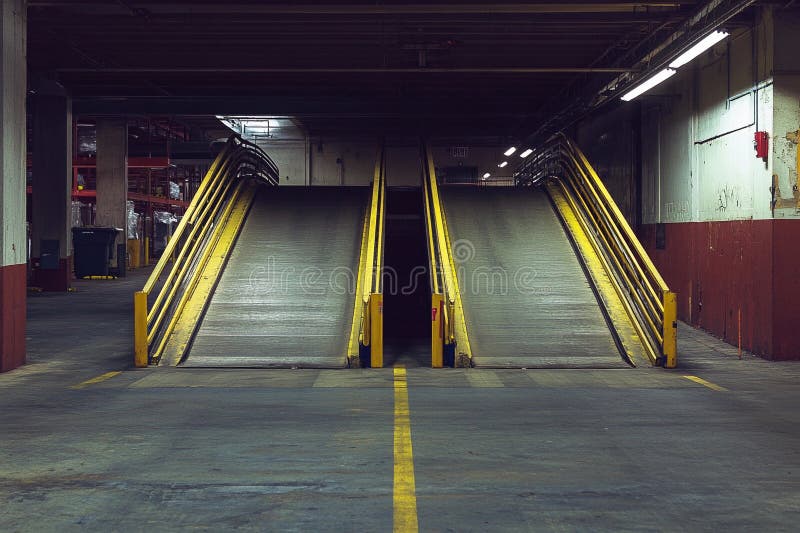 Industrial Loading Dock with Dual Ramps Illuminated by Dim Light in an ...