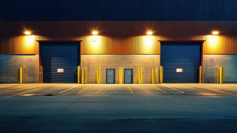 Industrial Loading Dock with Illuminated Doors at Night Stock ...