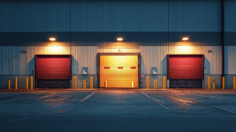 Industrial Loading Docks Illuminated at Dusk with Open Doors Stock ...