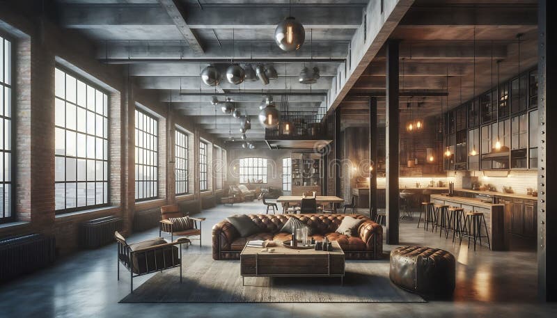 Industrial Loft Apartment Interior with Exposed Brick and Metal Beams ...