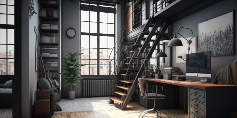 Industrial Loft Design of Office Interior Stock Photo - Image of window ...