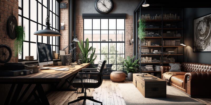 Industrial Loft Design of Office Interior Stock Photo - Image of modern ...
