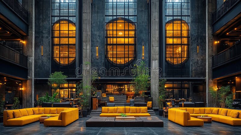 Industrial Loft Interior Design, Large Open Space with Yellow Seating ...