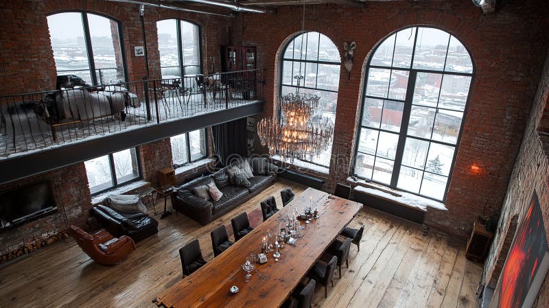 Industrial Loft Interior with High Ceilings, Large Windows, and a Long ...