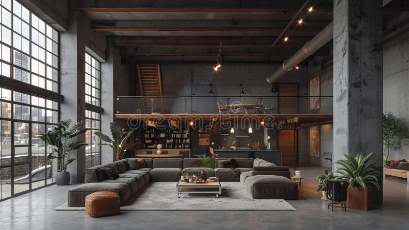 Industrial Loft Living Space with Exposed Ductwork and Concrete ...